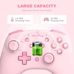 PXN 9607X Wireless Switch Pro Controller, Dual Shock Gamepad Joystick Support NFC, Turbo, Wake-up, Gyro Axis, Vibration Hall Effect Joysticks for Switch/Lite/OLED & PC & iOS (Pink)