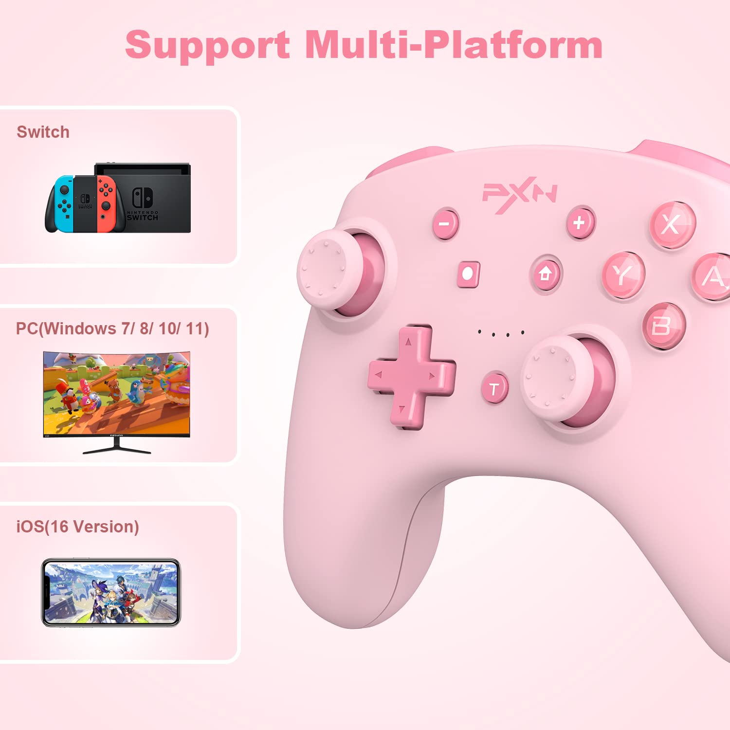 PXN 9607X Wireless Switch Pro Controller, Dual Shock Gamepad Joystick Support NFC, Turbo, Wake-up, Gyro Axis, Vibration Hall Effect Joysticks for Switch/Lite/OLED & PC & iOS (Pink)