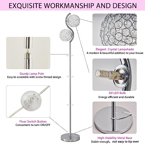 Crystal Floor Lamp, Elegant Standing Lamp, Modern Floor Lamp Chrome Finish Tall Pole Lamp, Modern Standing Lamp with On/Off Foot Switch for Living Room, Girl Bedroom, Dresser, Office, E26 Base