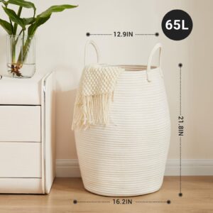 Cotton Rope Laundry Hamper Basket, 65L Woven Large Laundry Basket, Tall Dirty Clothes Hamper for Storage Blankets, Toys in Bedroom, Living Room Organizing-Collapsible-Beige