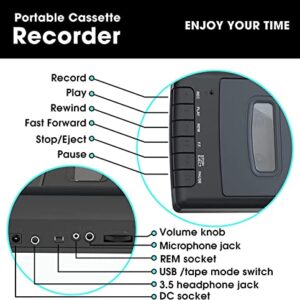 Portable Cassette Player Recorder with Stand-Alone Microphone, Walkman Tape Cassettes Converter MP3 with USB Player, Captures USB Stick Audio Files, Built-in Speaker/Retractable Handle/Headphone Jack