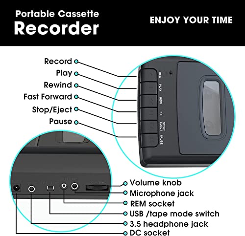 Portable Cassette Player Recorder with Stand-Alone Microphone, Walkman Tape Cassettes Converter MP3 with USB Player, Captures USB Stick Audio Files, Built-in Speaker/Retractable Handle/Headphone Jack