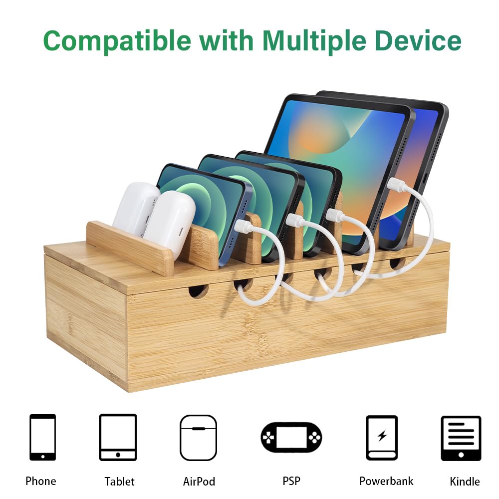 LEOKKARR Bamboo Charging Station for Multiple Devices, Upgrade Desk Docking Stations Organizer for Apple Devices, Wood Charging Cell Phone Holder Stand (Includes 6 Cables) (NO Power Supply)