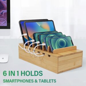 LEOKKARR Bamboo Charging Station for Multiple Devices, Upgrade Desk Docking Stations Organizer for Apple Devices, Wood Charging Cell Phone Holder Stand (Includes 6 Cables) (NO Power Supply)