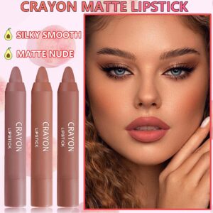 DuoZeng 3 Pcs Nude Crayon Lipstick Set,Matte Velvet Lipstick Lip Crayon Nourishing Non-Stick Cup Lip Stain Lip Gloss,Long-lasting Waterproof Lip Stick Lip Makeup for Women(Set B)