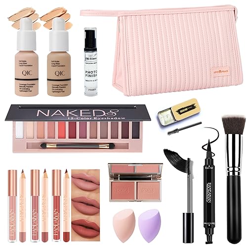 All in one Makeup Kit for Women full Kit, Professional Makeup kit with foundation 12 Colors Eyeshadow Palette Liquid Lipstick Eyebrow Soap Kit Winged Eyeliner Stamp Travel makeup set