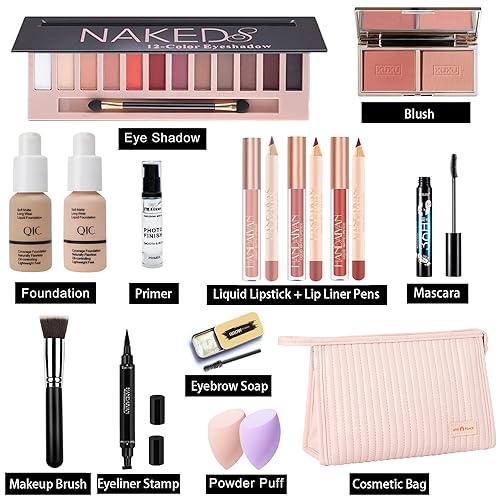 All in one Makeup Kit for Women full Kit, Professional Makeup kit with foundation 12 Colors Eyeshadow Palette Liquid Lipstick Eyebrow Soap Kit Winged Eyeliner Stamp Travel makeup set