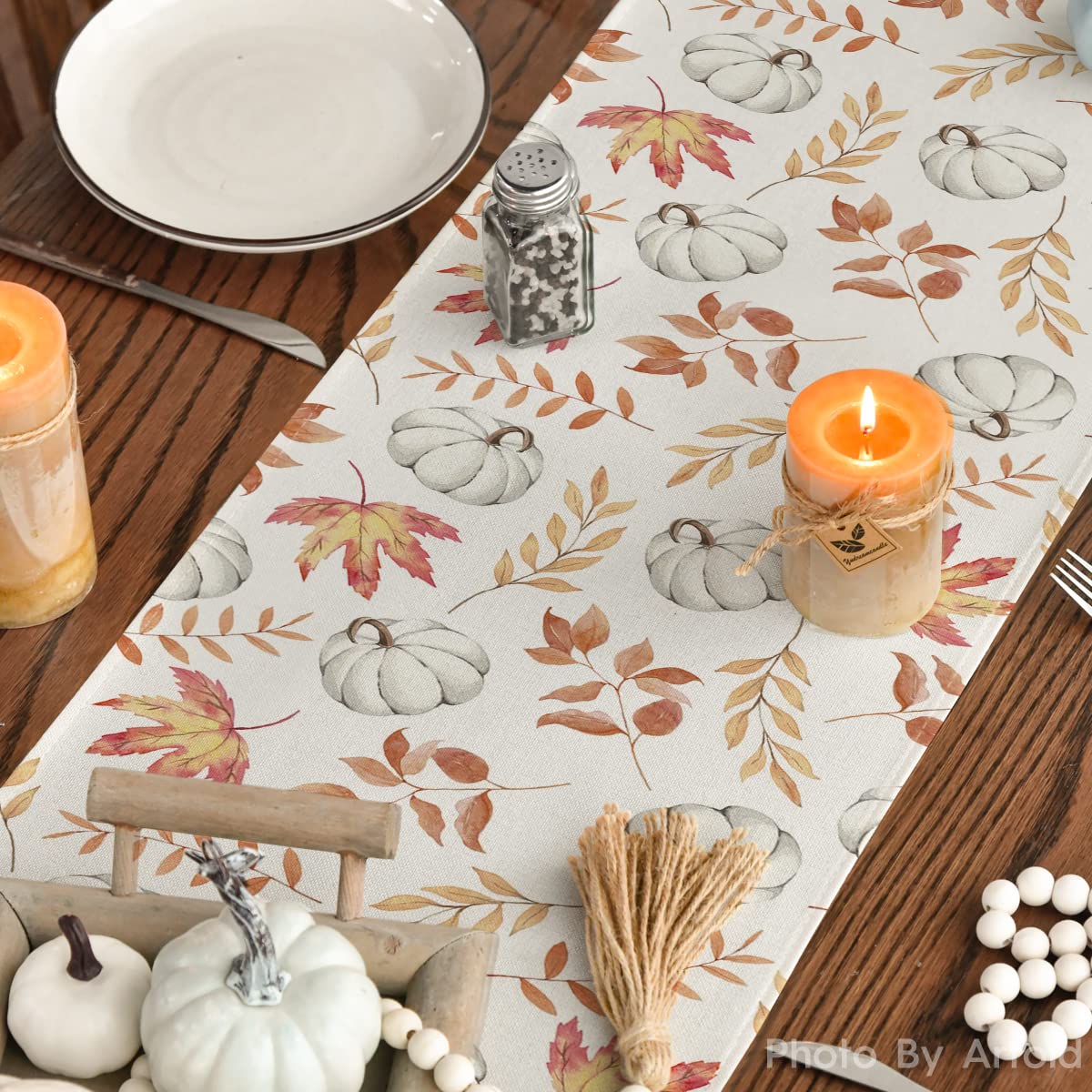 Artoid Mode Orange Pumpkins Fall Maple Leaves Fall Table Runner, Seasonal Autumn Kitchen Dining Table Decoration for Home Party Decor 13x72 Inch