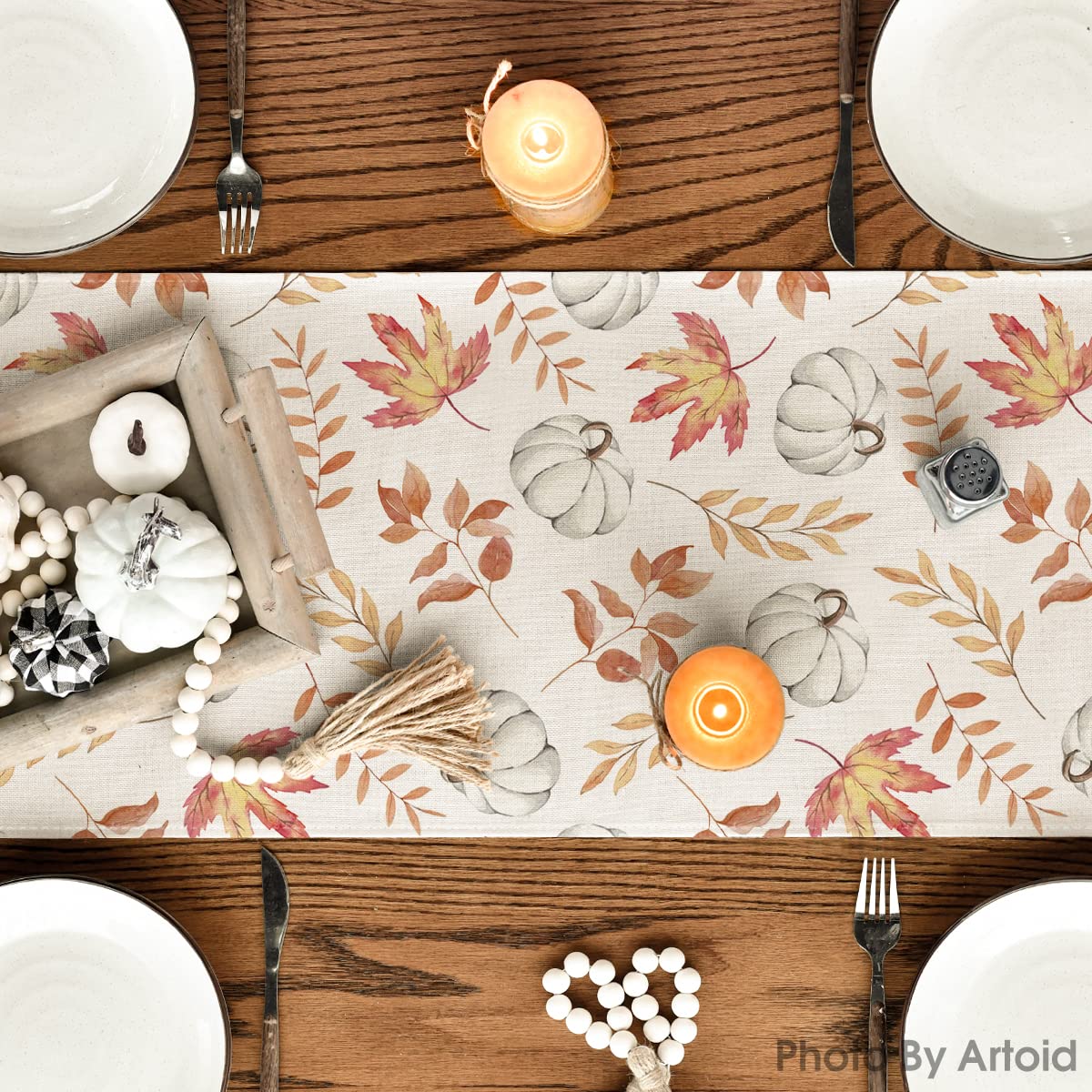 Artoid Mode Orange Pumpkins Fall Maple Leaves Fall Table Runner, Seasonal Autumn Kitchen Dining Table Decoration for Home Party Decor 13x72 Inch