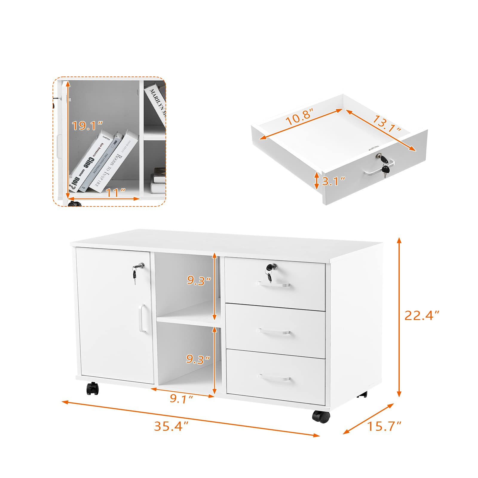 CLIPOP Mobile Office Cabinet w/ 3 Drawers(1 Lockable), Storage Cabinet, Open Storage Shelves, Under Desk Rolling Lateral File Cabinet with 5 Wheels Printer Stand Cabinet for Home Office(White)