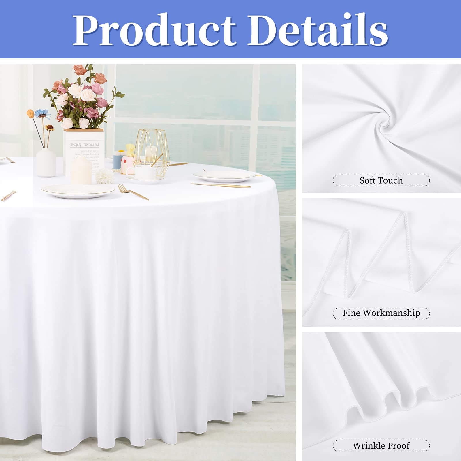 8 Pack White Round Tablecloth 120 Inch Circle Polyester Table Cloth, Washable Fabric Stain and Wrinkle Resistant Table Cover Round Table Clothes for Wedding Parties Banquet Reception Dining