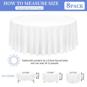 8 Pack White Round Tablecloth 120 Inch Circle Polyester Table Cloth, Washable Fabric Stain and Wrinkle Resistant Table Cover Round Table Clothes for Wedding Parties Banquet Reception Dining