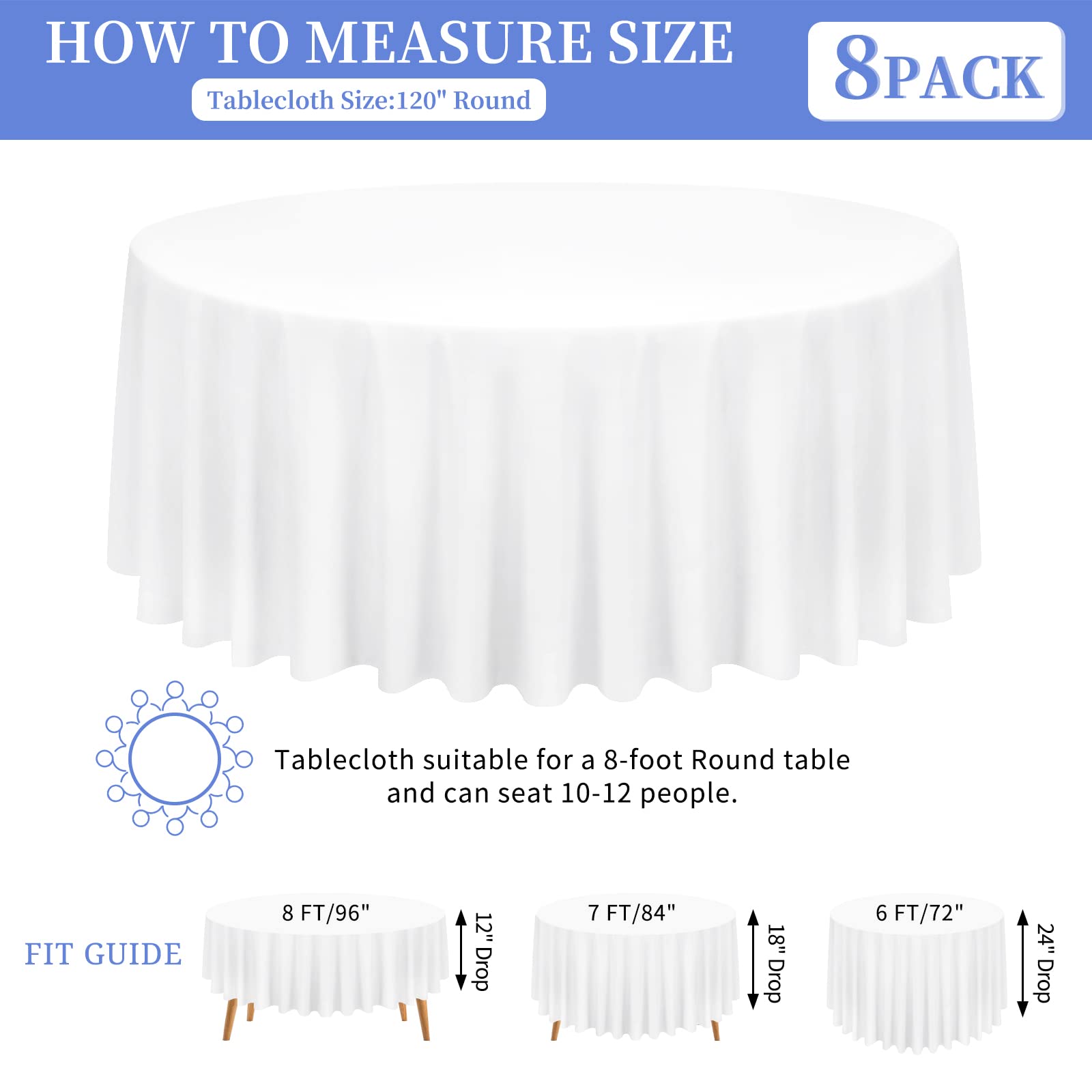 8 Pack White Round Tablecloth 120 Inch Circle Polyester Table Cloth, Washable Fabric Stain and Wrinkle Resistant Table Cover Round Table Clothes for Wedding Parties Banquet Reception Dining