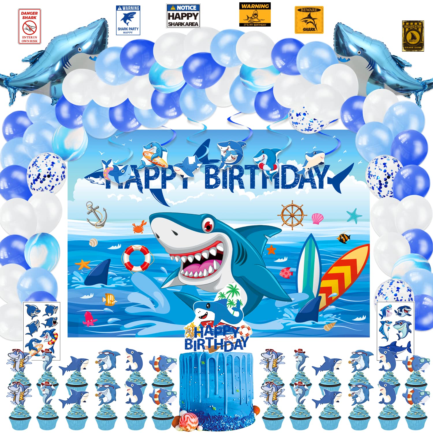 Shark Birthday Party Decorations, Shark Theme Party Supplies for Boys Girls Baby - Cake, and Cupcake Toppers, Balloons. Shark Sign, Sheet Temporary Tattoos, Backdrop