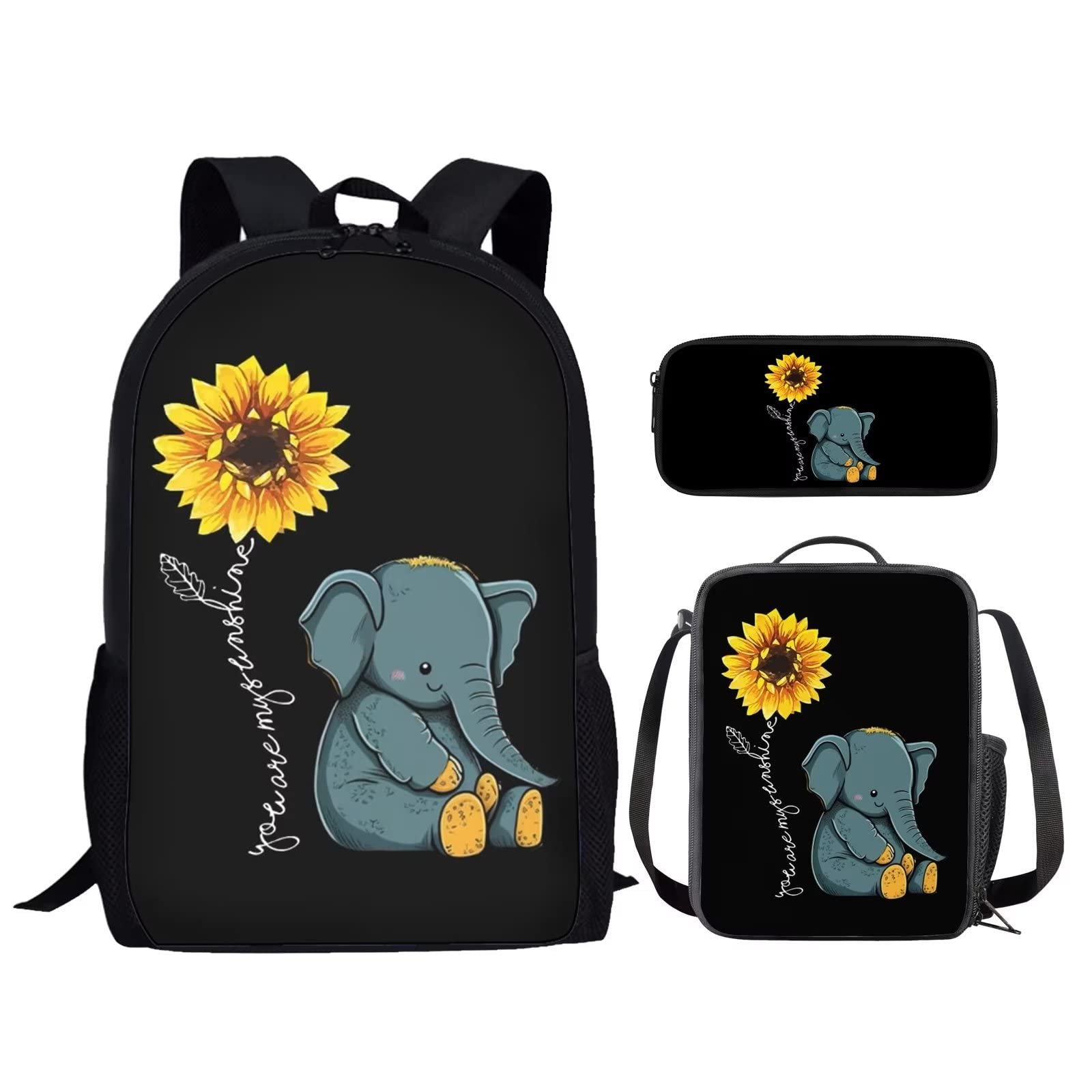 Upetstory Sunflower School Bag Set Elephant Backpack with Lunch Box Pencil Case for Kids Girls Boys School Backpack Sets Children Teen Schoolbag Student Bookbag Back Pack