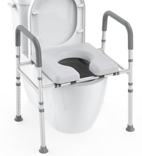 Raised Toilet Seat with Handles, Stand Alone Elongated Toilet Riser with arms and Widen seat, Heavy Duty 400lb Adjustable Commode Chair with Safety Frame, Shower Chair for Elderly, Handicap Pregant