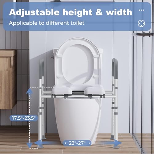 Raised Toilet Seat with Handles, Stand Alone Elongated Toilet Riser with arms and Widen seat, Heavy Duty 400lb Adjustable Commode Chair with Safety Frame, Shower Chair for Elderly, Handicap Pregant