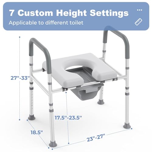 Raised Toilet Seat with Handles, Stand Alone Elongated Toilet Riser with arms and Widen seat, Heavy Duty 400lb Adjustable Commode Chair with Safety Frame, Shower Chair for Elderly, Handicap Pregant