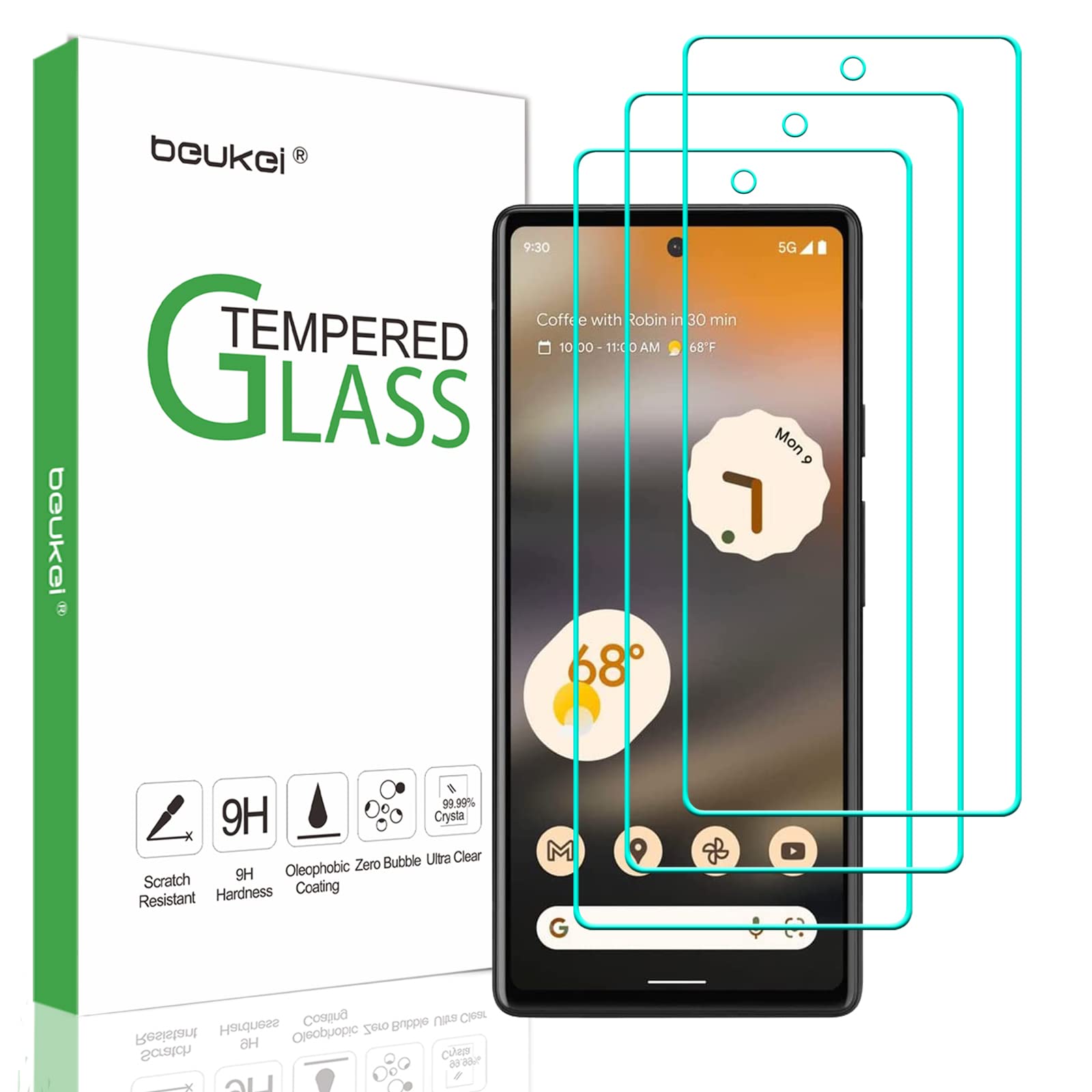 beukei (3 Pack) Compatible for Google Pixel 6a 5G / Google Pixel 6a Screen Protector Tempered Glass,Touch Sensitive,Case Friendly, 9H Hardness