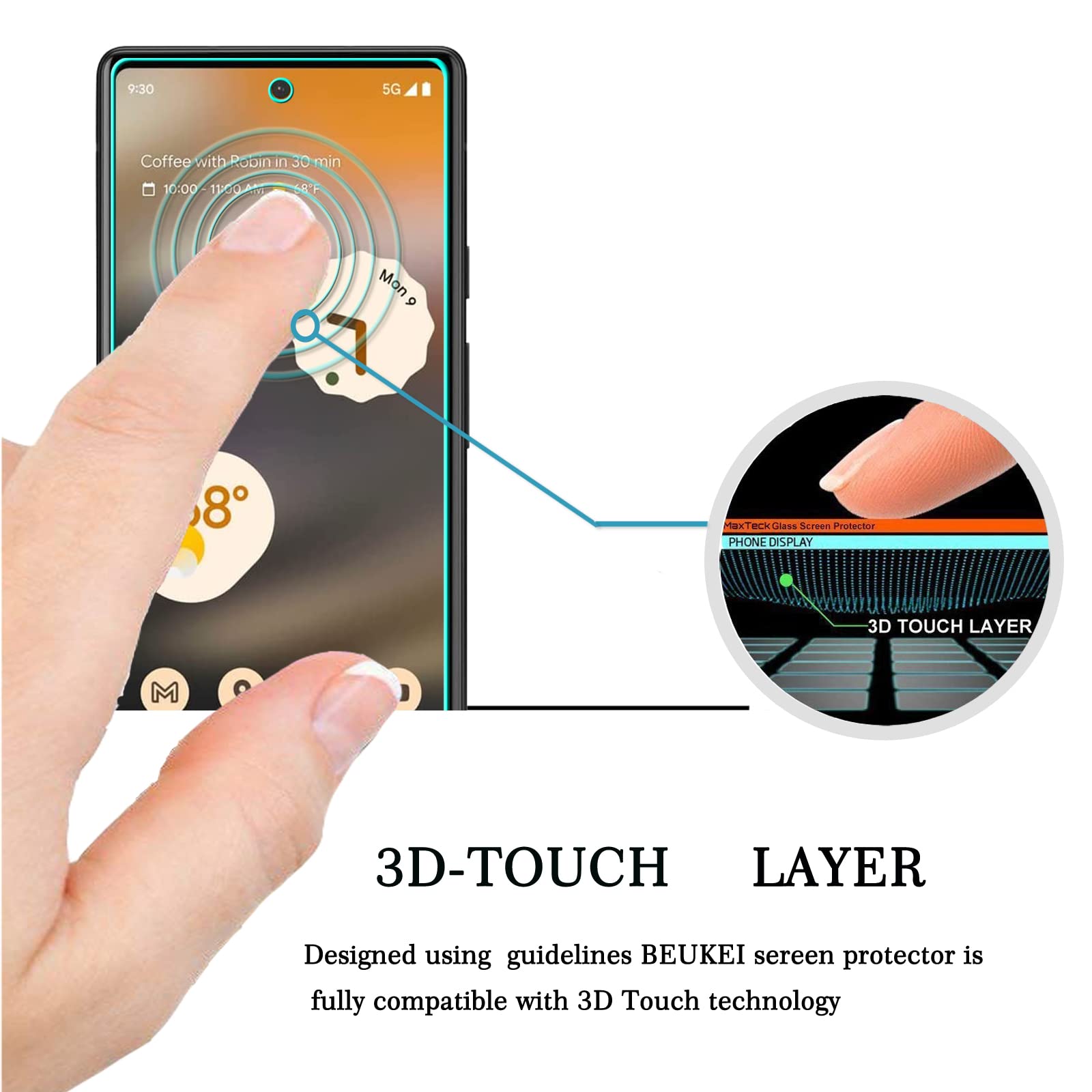 beukei (3 Pack) Compatible for Google Pixel 6a 5G / Google Pixel 6a Screen Protector Tempered Glass,Touch Sensitive,Case Friendly, 9H Hardness