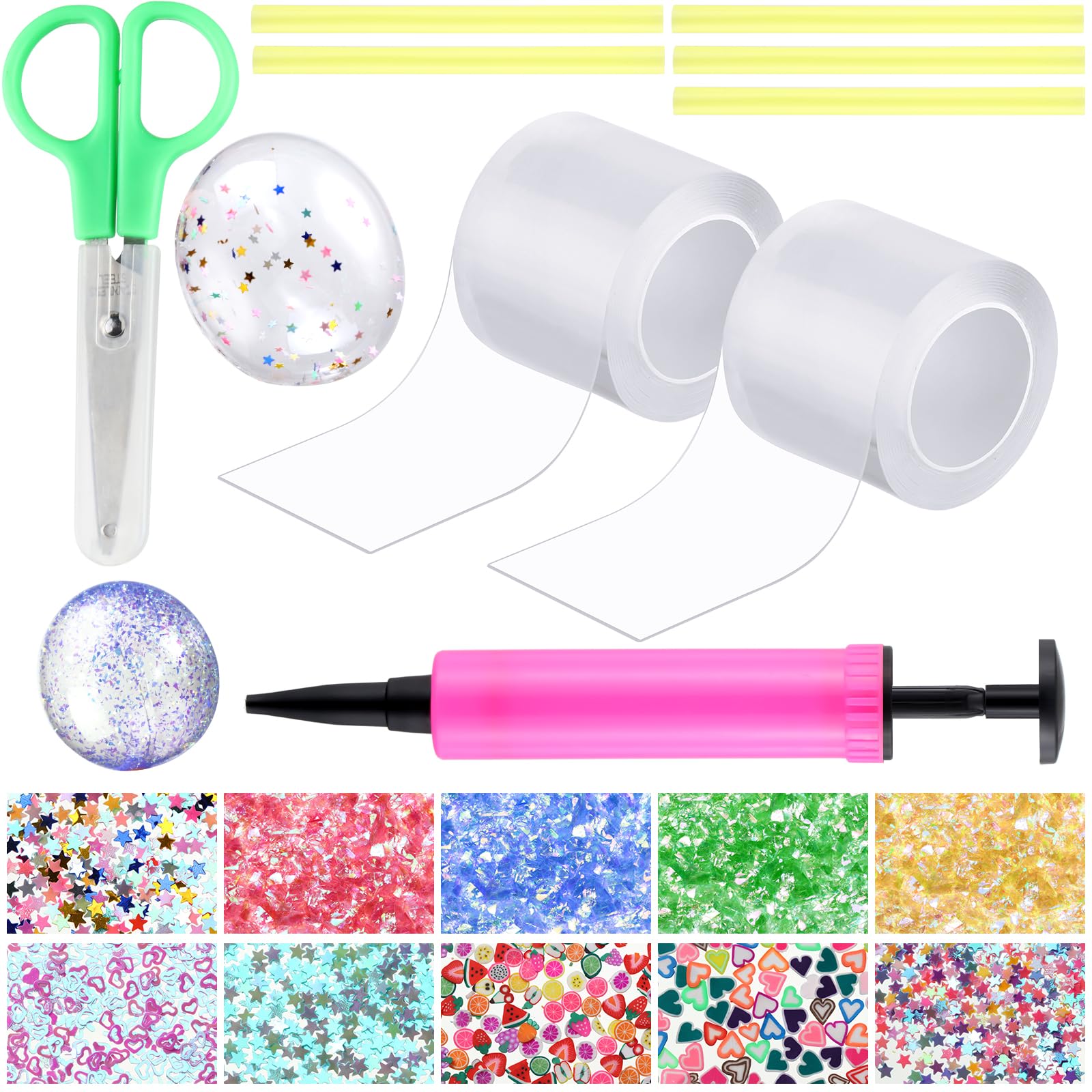 Wettarn 19 Pcs Nano Tape Bubbles Kit, 6.5 ft Double Sided Nano Bubble Tape Plastic Bubbles with Straw Fillers Inflator and Scissor for DIY Crafts Making Boys and Girls Party Favors Sensory Fidget Toy