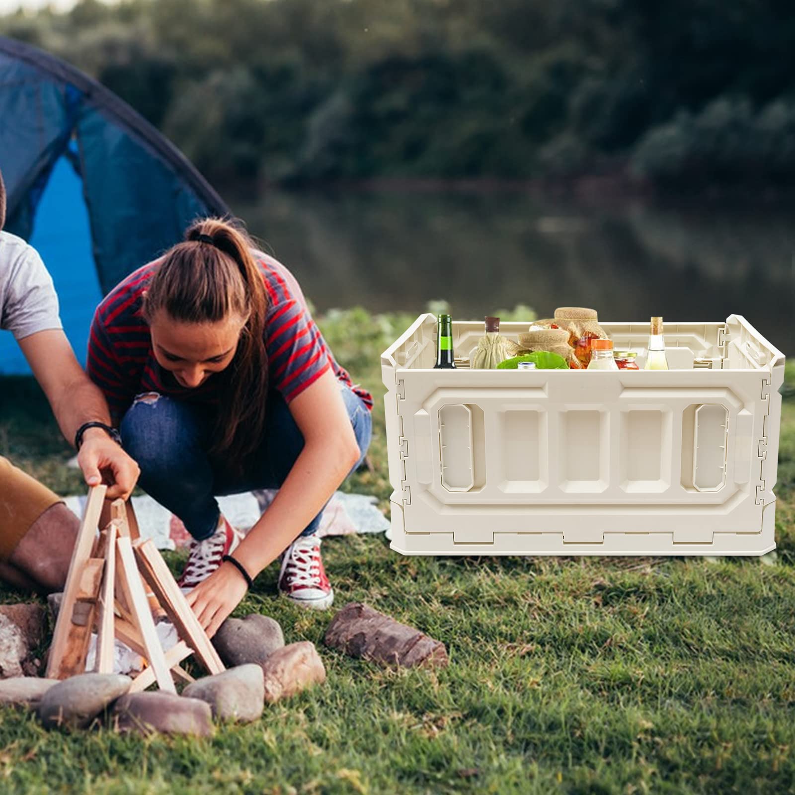 LUGBING Folding Storage Box, Outdoor Portable Camping Collapsible Storage Bin with Wooden Lid Plastic Storage Container for Car, Toys, Camping, Picnic