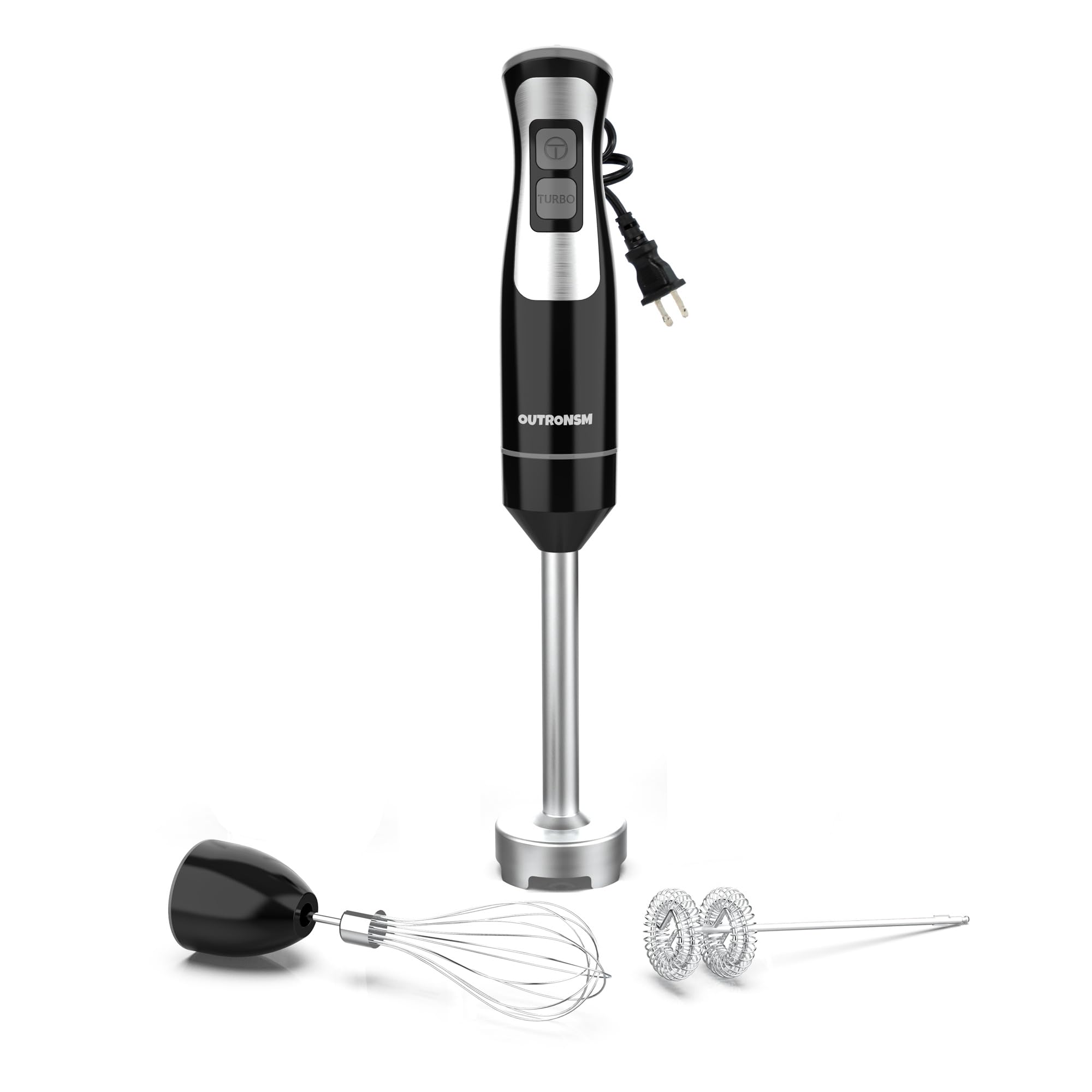 Immersion Blender Handheld, OUTRONSM Hand Blender with 4-point thickened SS blades, Milk Frother, Egg Whisk for Coffee Milk Foam, Puree Baby Food, Smoothies, Sauces and Soups – Black