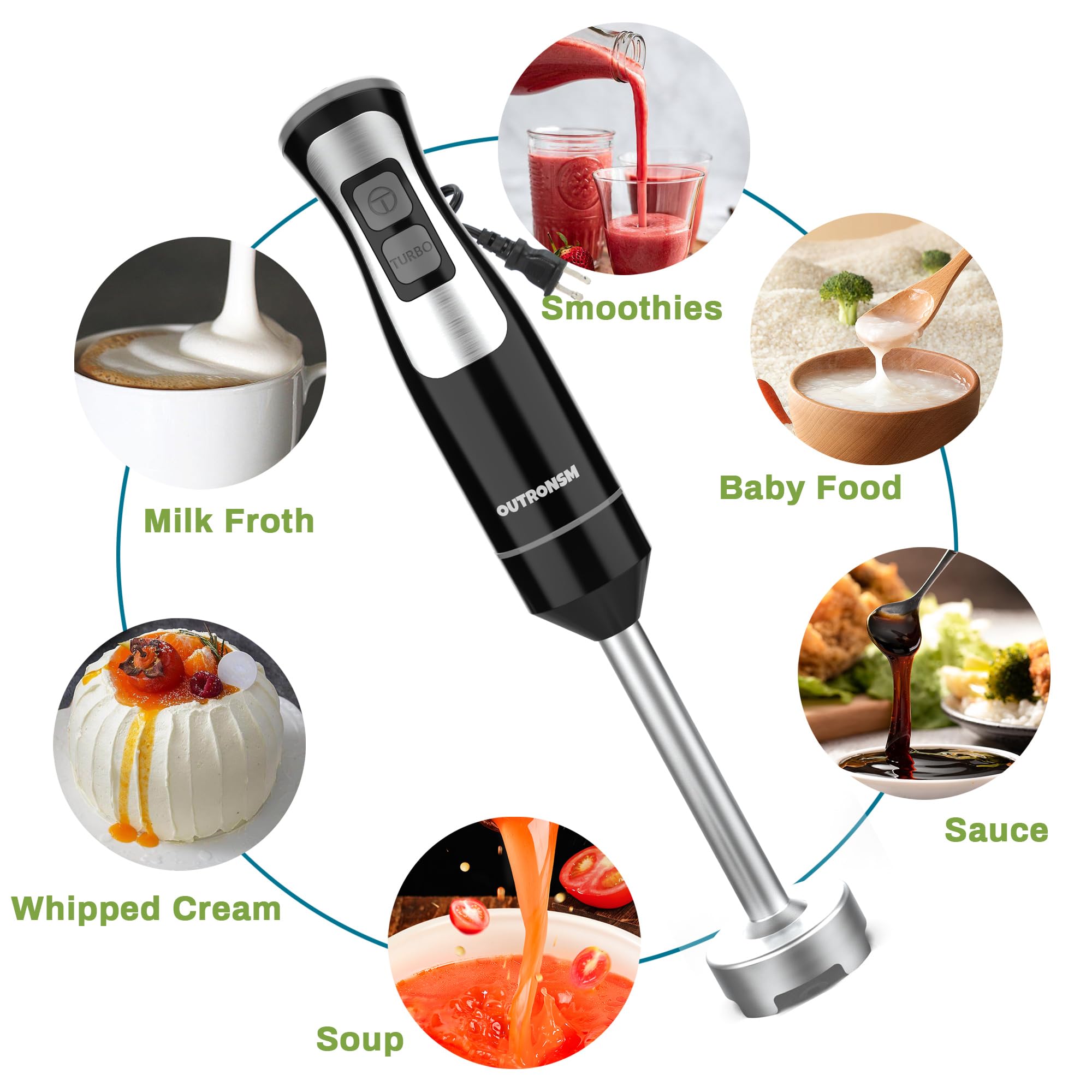 Immersion Blender Handheld, OUTRONSM Hand Blender with 4-point thickened SS blades, Milk Frother, Egg Whisk for Coffee Milk Foam, Puree Baby Food, Smoothies, Sauces and Soups – Black