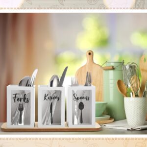 Gejoy Clear Acrylic Silverware Caddy Utensil Holder for Countertop Silverware Organizer with Wood Tray Spoon and Fork Holder Cutlery Silverware Holder Utensil Caddy Flatware Organizers (White)