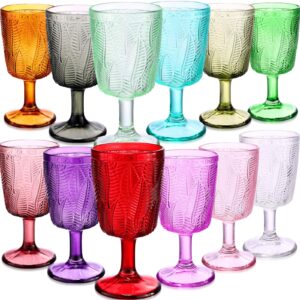 roshtia 12 pcs goblet wine glasses 11.8 oz vintage color glass goblets romantic embossed leaf pattern wine goblet glass cups wine glassware with stem for wedding party bar anniversary