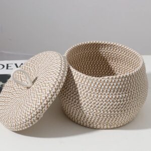 Zerodeko Cotton Rope Basket with Lid Round Woven Basket Decorative Storage Bin Organizer Box Lidded Baskets Egg Holder Jewelry Box Cosmetic Holder for