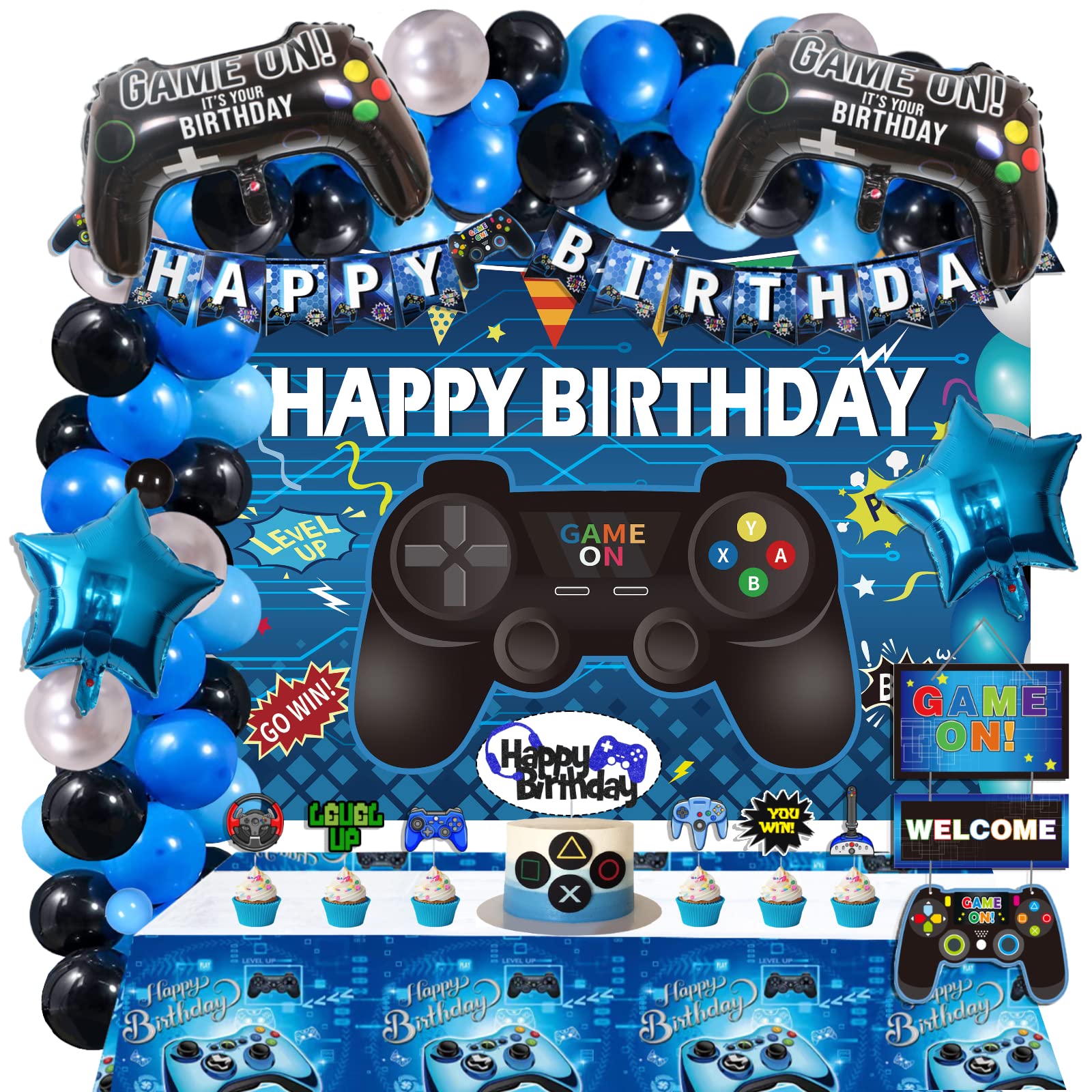 100 PCs Video Game Party Decorations, Hombae Blue and Black Video Game Birthday Decorations Backdrop Balloon Garland Banner Hanging Sign Tablecloth Cake Cupcake Topper Black Controller Go Win Game On