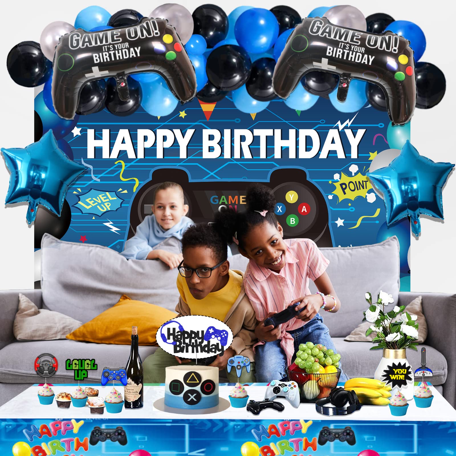 100 PCs Video Game Party Decorations, Hombae Blue and Black Video Game Birthday Decorations Backdrop Balloon Garland Banner Hanging Sign Tablecloth Cake Cupcake Topper Black Controller Go Win Game On