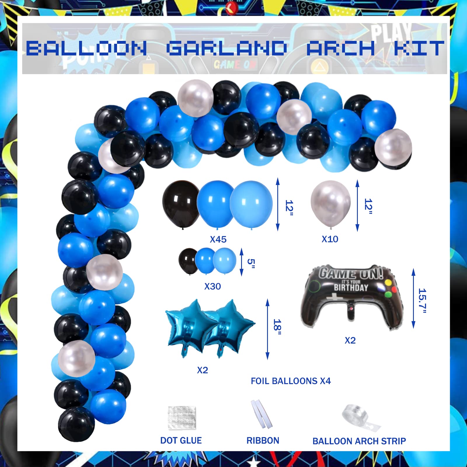 100 PCs Video Game Party Decorations, Hombae Blue and Black Video Game Birthday Decorations Backdrop Balloon Garland Banner Hanging Sign Tablecloth Cake Cupcake Topper Black Controller Go Win Game On