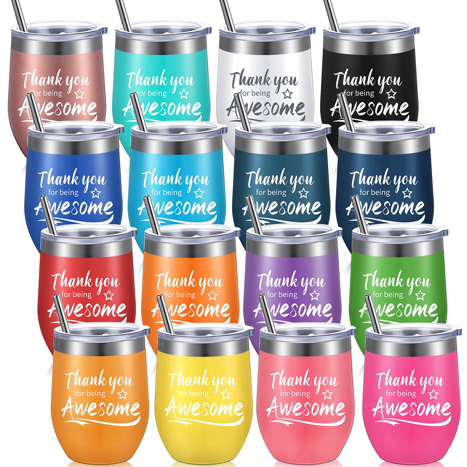 Thank You Gifts Thank You for Being Awesome Wine Tumbler Employee Appreciation Gifts Thank You Gift for Women Men Coworkers Friend Stainless Steel Insulated Tumbler with Straw (Warm Color, 16 Pcs)