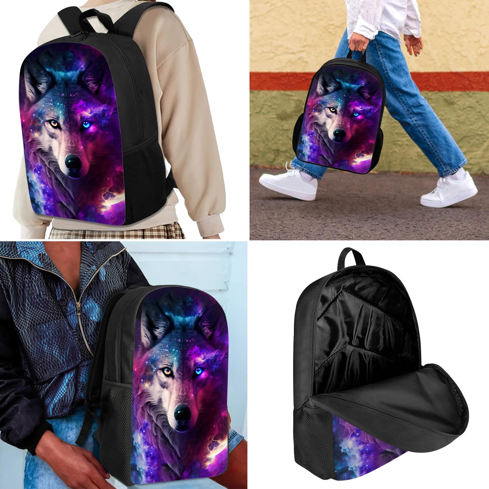 Upetstory Galaxy Wolf Backpacks Set for School for Kids Girls Boys School Bag Set with Lunch Box Pencil Case Water Bottle Sleeve Preschool Kindergarten Elementary Bookbag Teenager Schoolbag