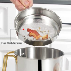 Tellshun Bacon Grease Container with Fine Mesh Strainer 1.8 L / 60 oz Stainless Steel Cooking Oil Keeper with Lid and Tray Gold Handle Suitable for Storing Hot Frying Oil Fat and Cooking Grease