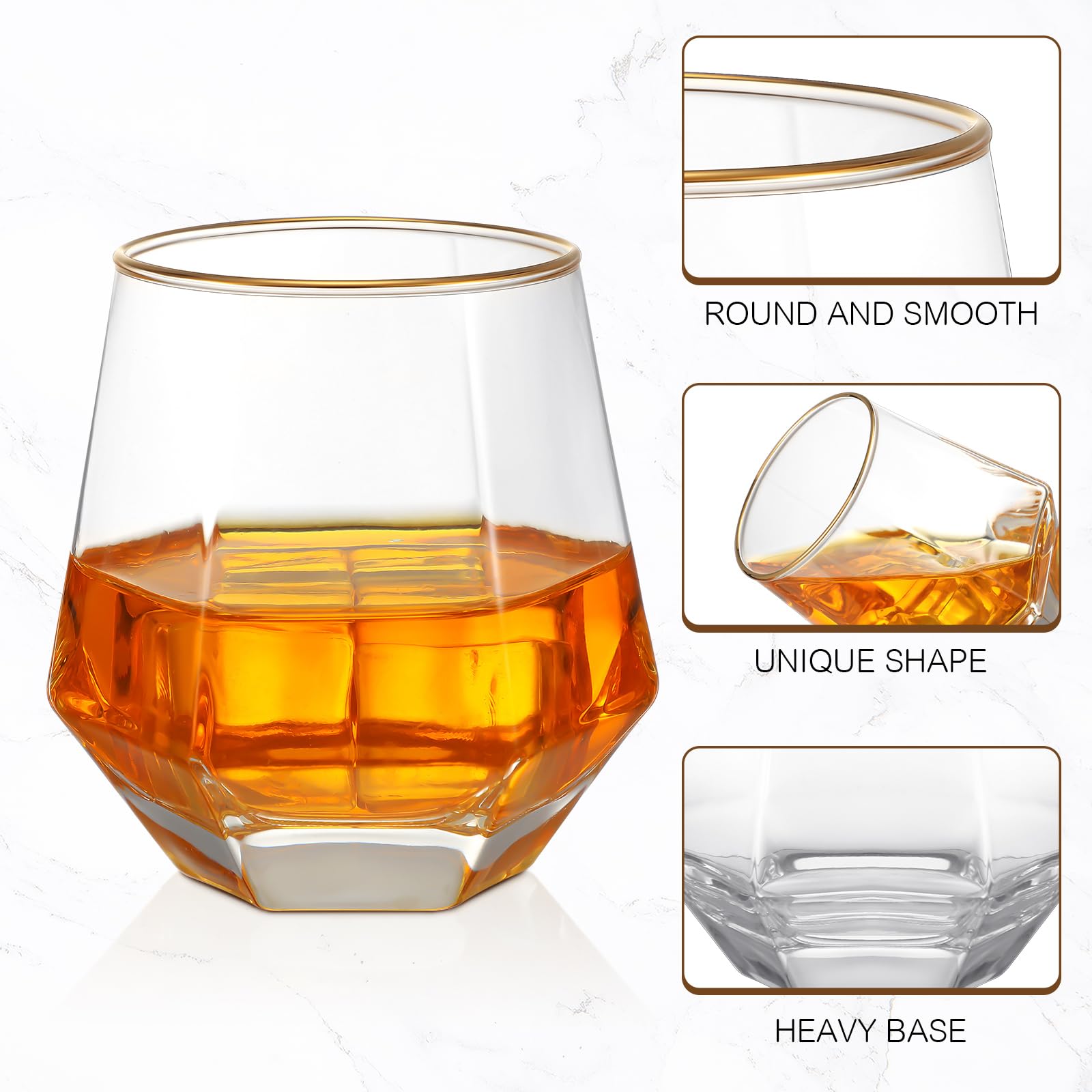 Norme 2 Pieces Gold Rimmed Wine Glasses Stemless 10 oz Diamond Wine Glass Aesthetic Glass Cup Clear Serving Glassware for Champagne Drinking Cocktail Whiskey Gift Birthday Wedding Party