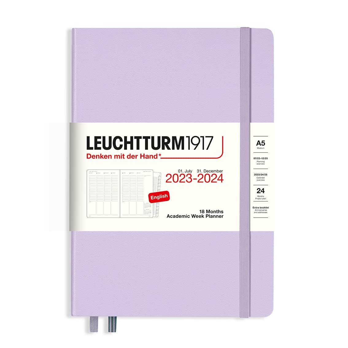 LEUCHTTURM1917 - Academic Week Planner 18-month Hardcover Medium A5, Jul. 2023 - Dec. 2024, English, Hardcover, Lilac