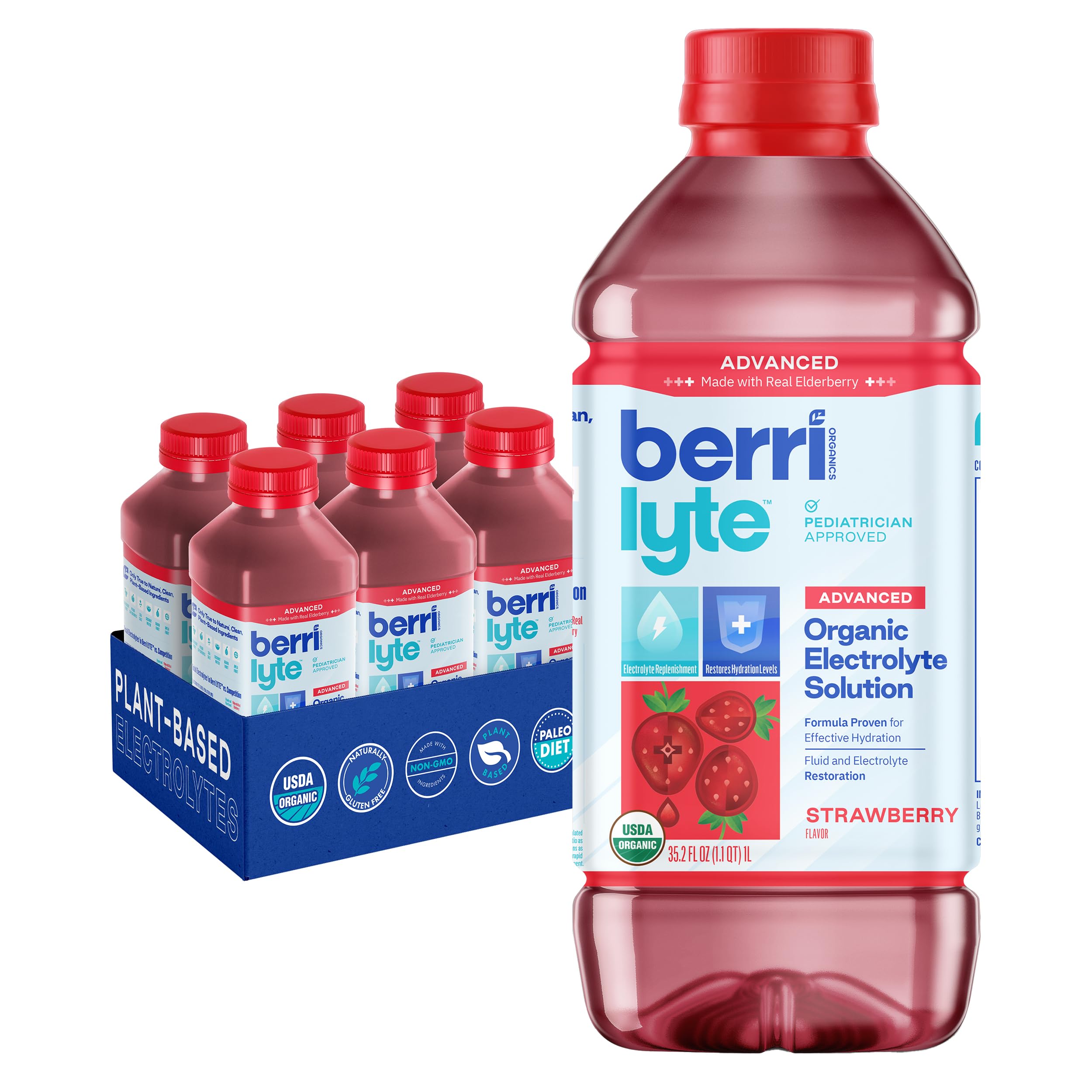 Berri Lyte Advanced Plant Based Organic Electrolyte Solution – Pediatric Rehydration Drink – Natural Sugar Strawberry Flavor, 1 L, 6 ct