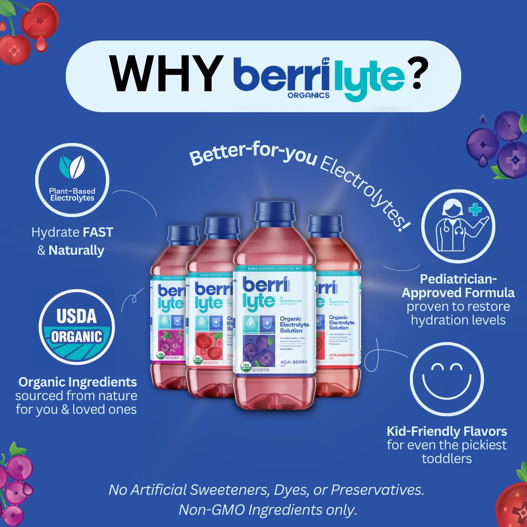 Berri Lyte Advanced Plant Based Organic Electrolyte Solution – Pediatric Rehydration Drink – Natural Sugar Strawberry Flavor, 1 L, 6 ct