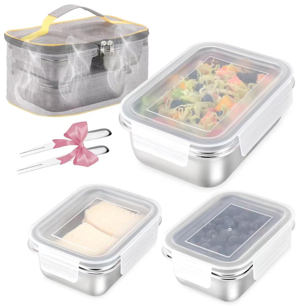 Cykorxicc 304 Stainless Steel food Containers with Lids for kids & adults, Leakproof lunch box with Insulated Bag & Utensils, Meal Prep Snack Containers for Daycare/School（31oz+14oz*2）