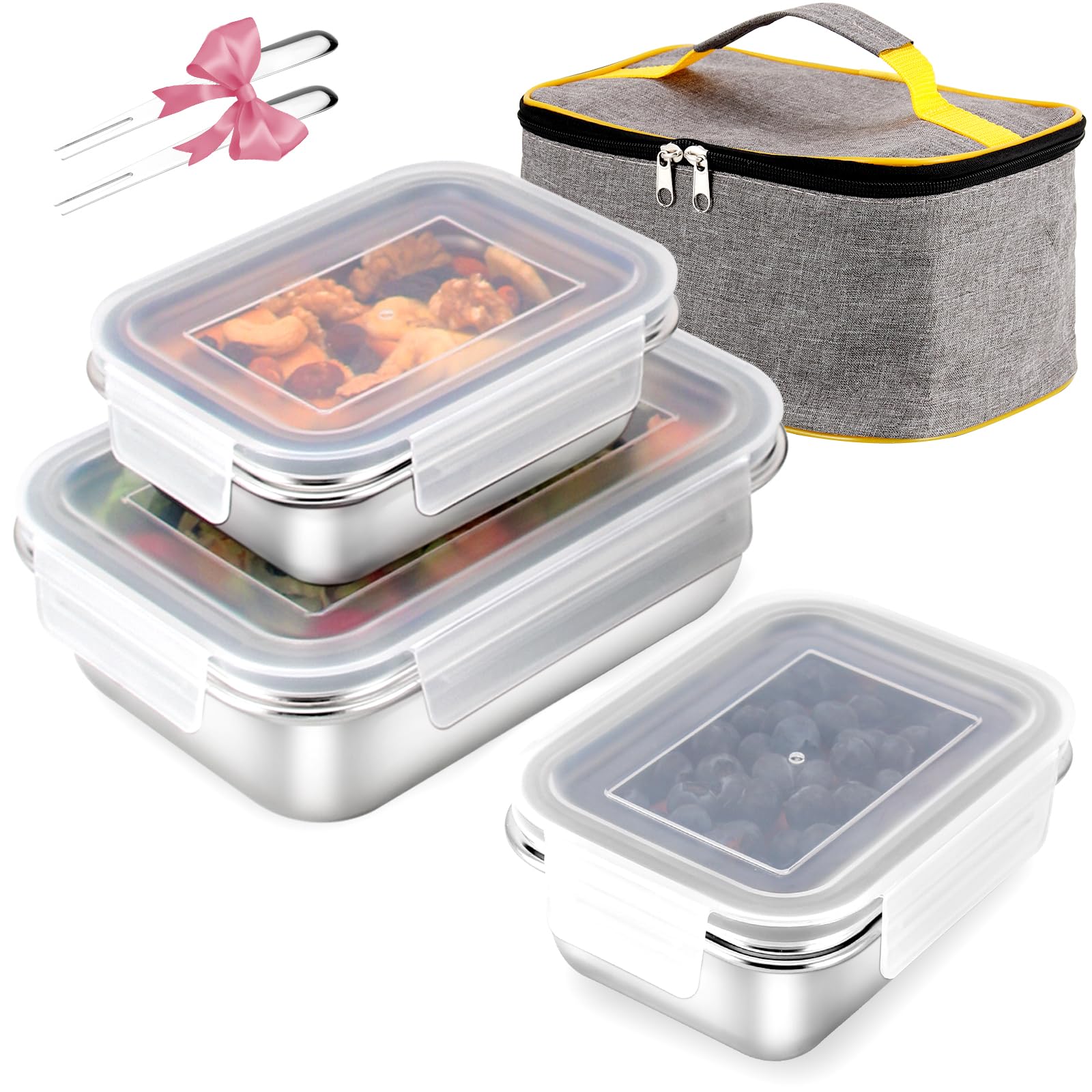 Cykorxicc 304 Stainless Steel food Containers with Lids for kids & adults, Leakproof lunch box with Insulated Bag & Utensils, Meal Prep Snack Containers for Daycare/School（31oz+14oz*2）