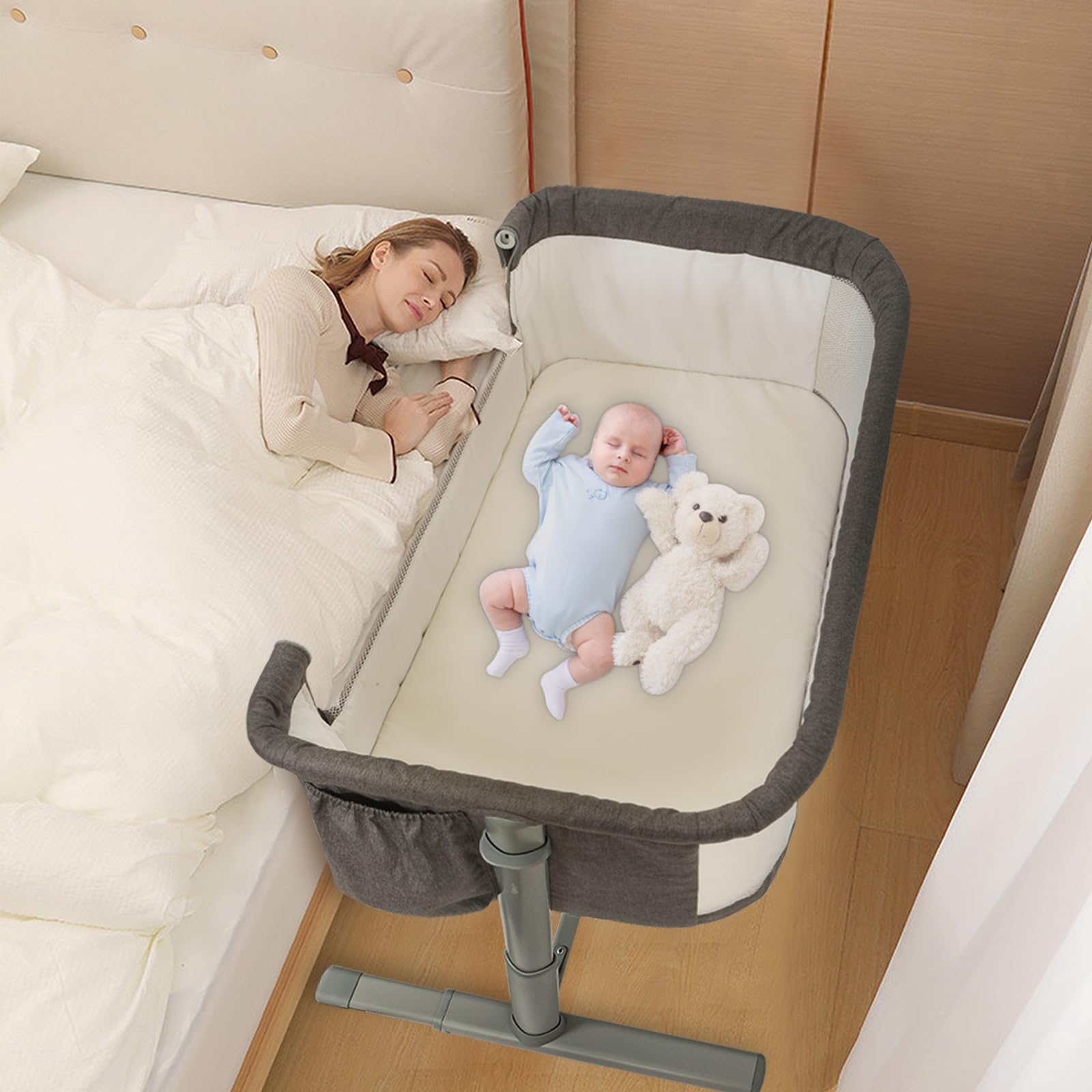 Familypoint Baby Bassinets Bedside Sleeper, Bedside Bassinet for Baby, Bedside Crib with Soft Mattress, Safety Adjustable and Easy to Assemble with Portable Travel Bag, Baby Bassinet for Baby