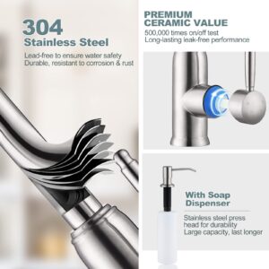 Stainless Steel Kitchen Faucet with Soap Dispenser, WOWOW Brushed Nickel Kitchen Faucet for Sinks, High Arc Single Handle Kitchen Sink Faucet with Sprayer, Vintage Style