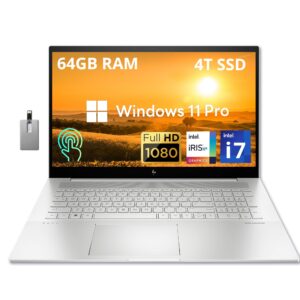 hp envy 17.3" fhd ips touchscreen laptop, intel core i7-1260p, 64gb ram, 4tb pcie ssd, backlit keyboard, intel iris xe graphics, 5mp ir camera, win 11 pro, silver, 32gb hotface usb card