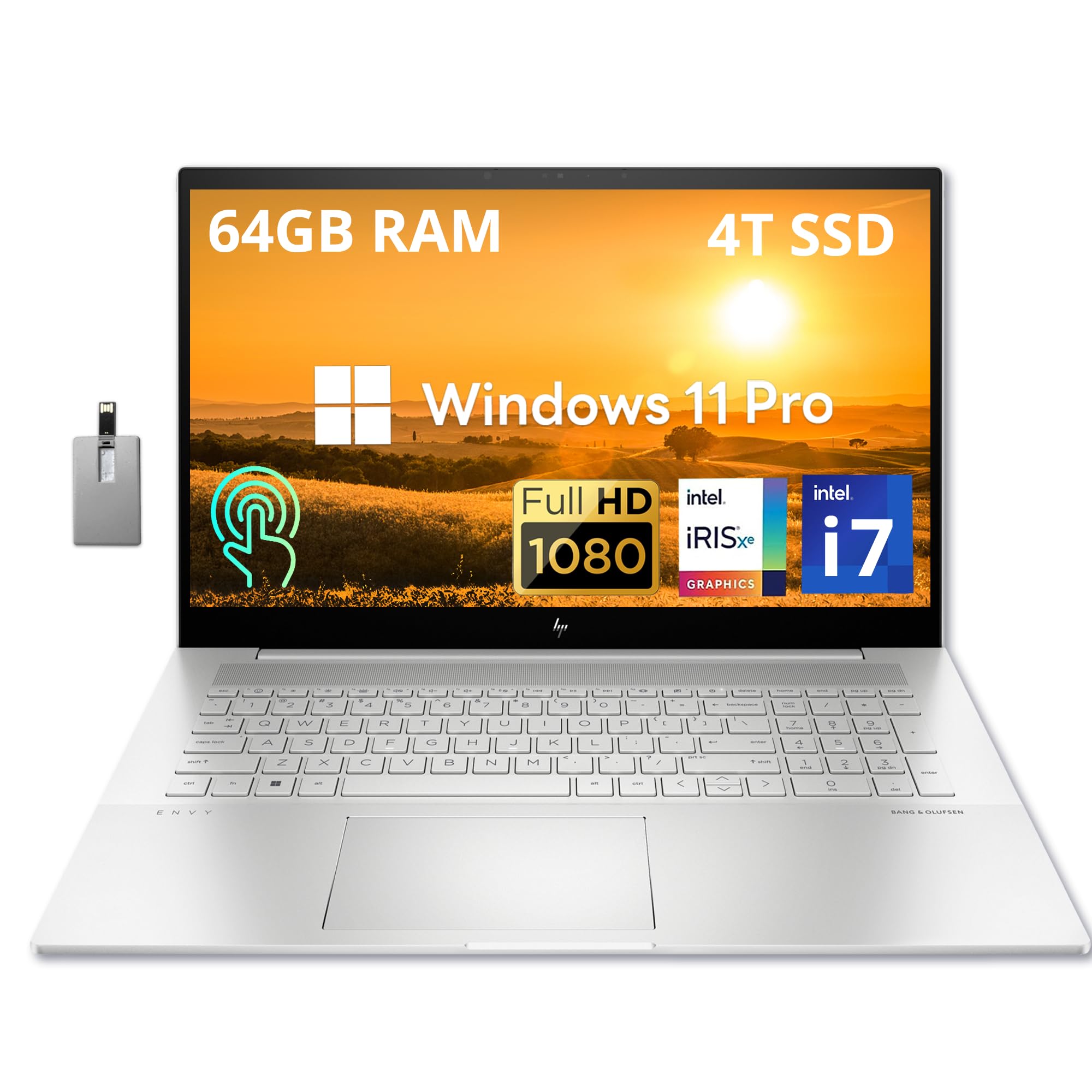 HP Envy 17.3" FHD IPS Touchscreen Laptop, Intel Core i7-1260P, 64GB RAM, 4TB PCIe SSD, Backlit Keyboard, Intel Iris Xe Graphics, 5MP IR Camera, Win 11 Pro, Silver, 32GB Hotface USB Card