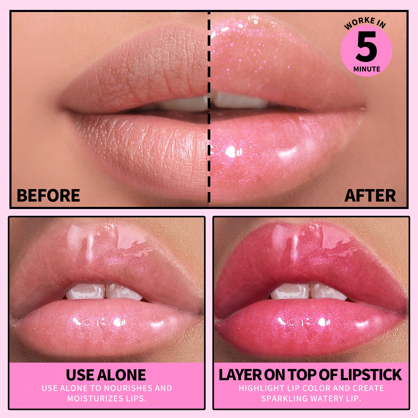 KIMUSE Lip Plumper Gloss, Moisturizing Lip Gloss, Long -Wearing Plumping Gloss, Hydrating and Plumping Lips