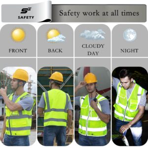 sesafety Safety Vests Reflective with 9 Pockets and Zipper,Class 2 Construction Vest for Men Neon Yellow L