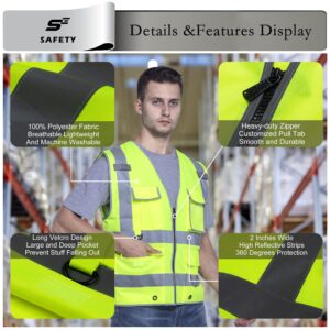 sesafety Safety Vests Reflective with 9 Pockets and Zipper,Class 2 Construction Vest for Men Neon Yellow L